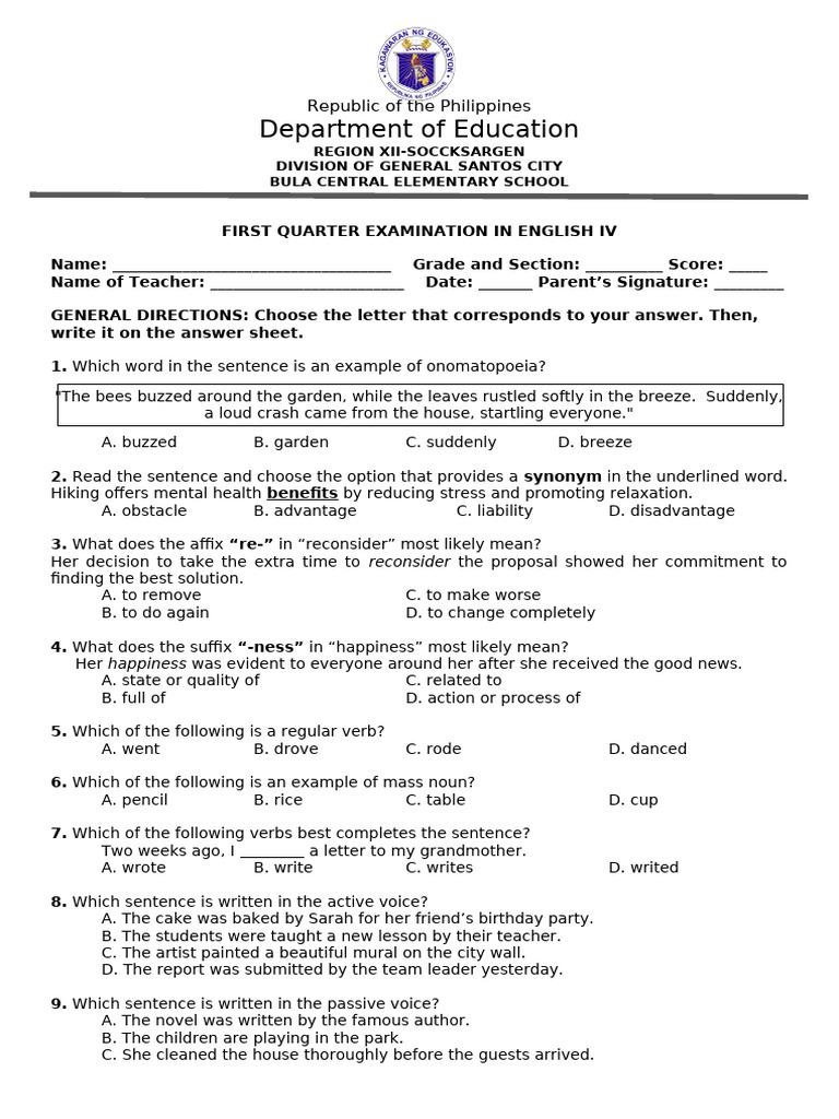 English - First Quarter - Periodic Test | PDF | Physical Fitness | Foods