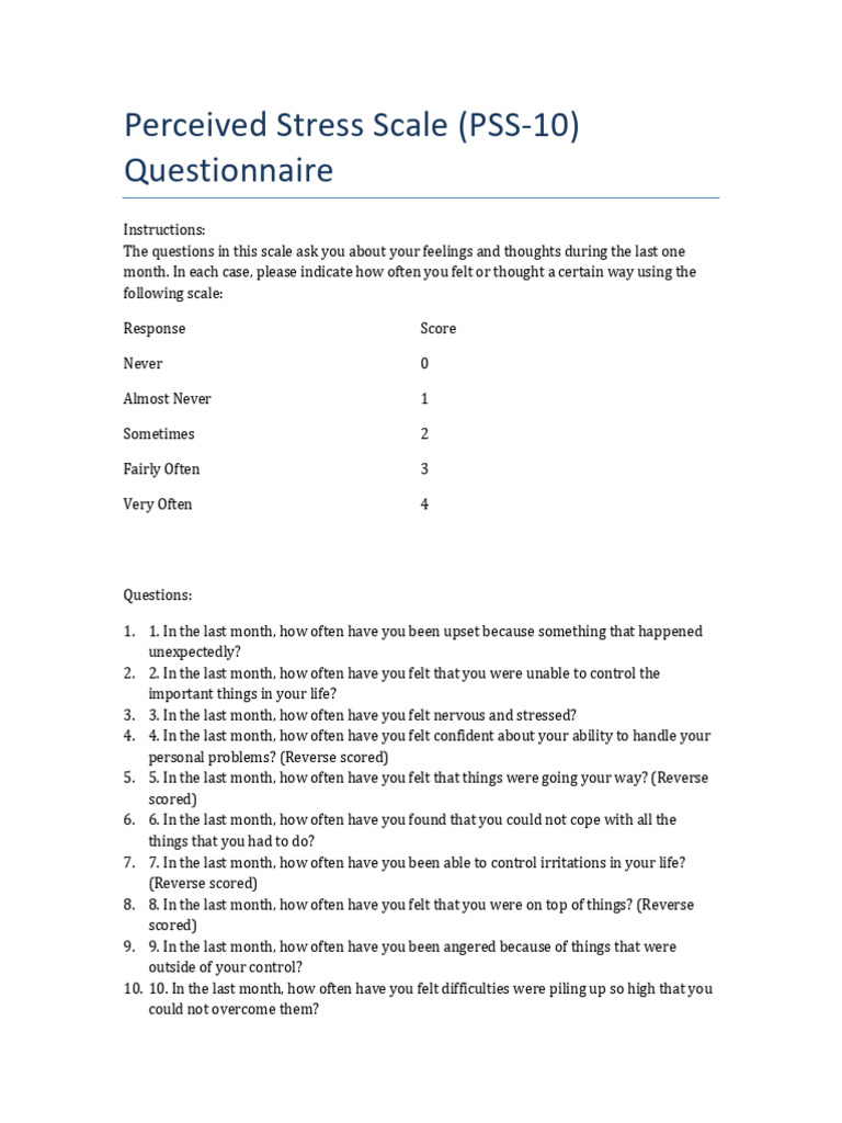 PSS-10 Questionnaire and Scoring Guide | PDF