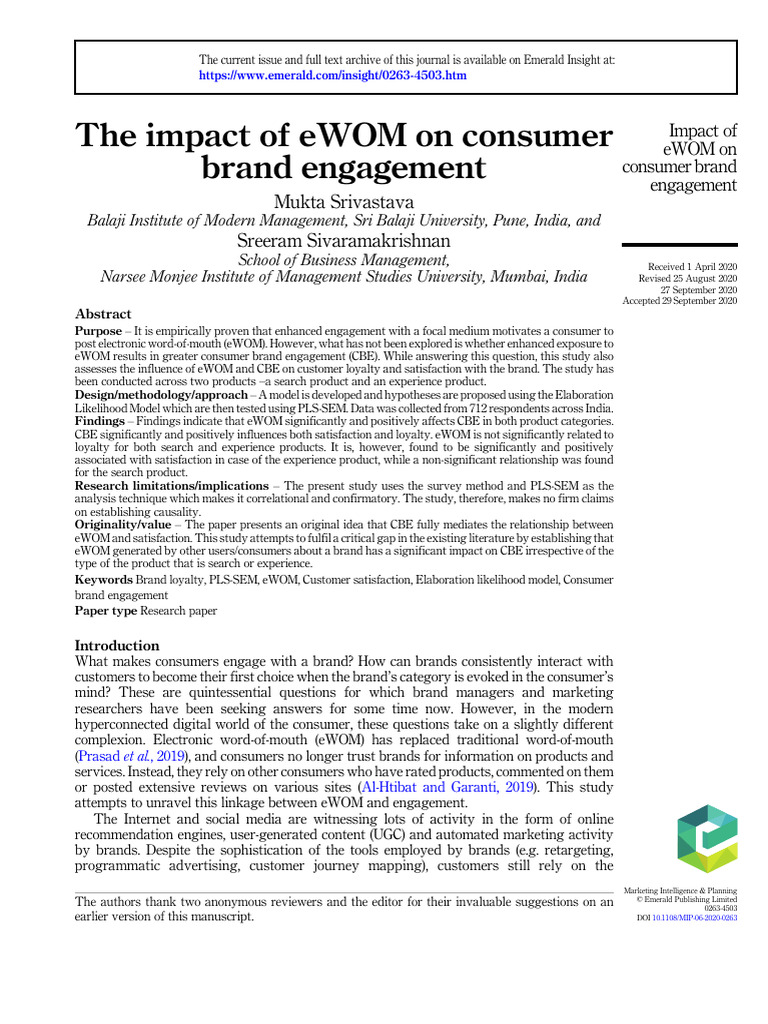 eWOM's Effect on Consumer Brand Engagement | PDF | Validity (Statistics ...