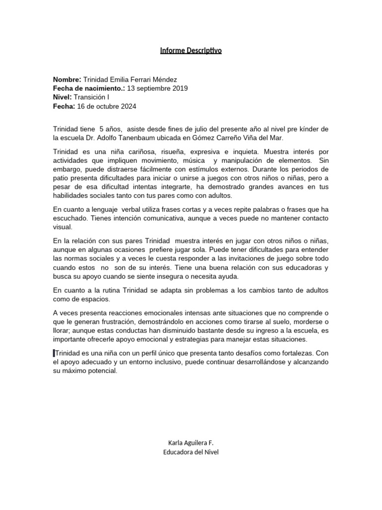 Informe de Desarrollo Infantil: Trinidad Ferrari | PDF