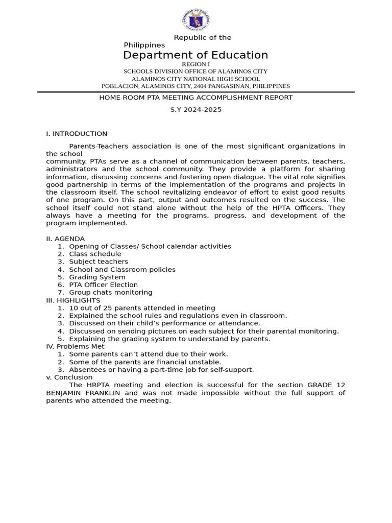 Home Room Pta Meeting Accomplishment Report | PDF | Educational ...