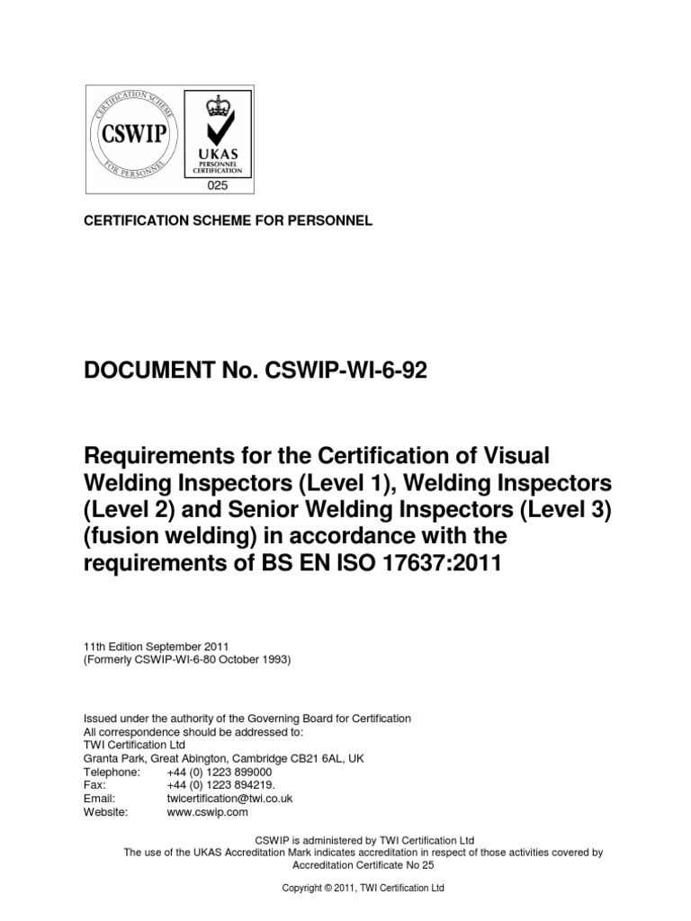 CSWIP-WI-6!92!11th Edition September 2011 | PDF | Nondestructive ...