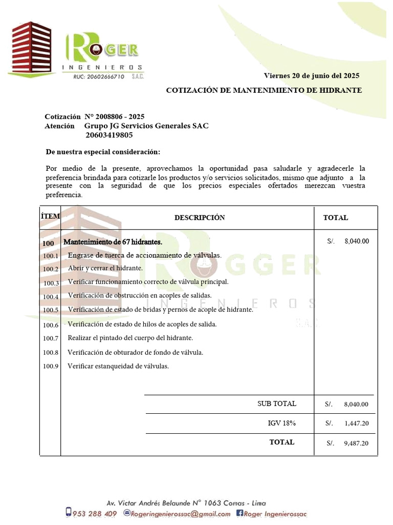 Cotización de Mantenimiento de Hidrante | PDF