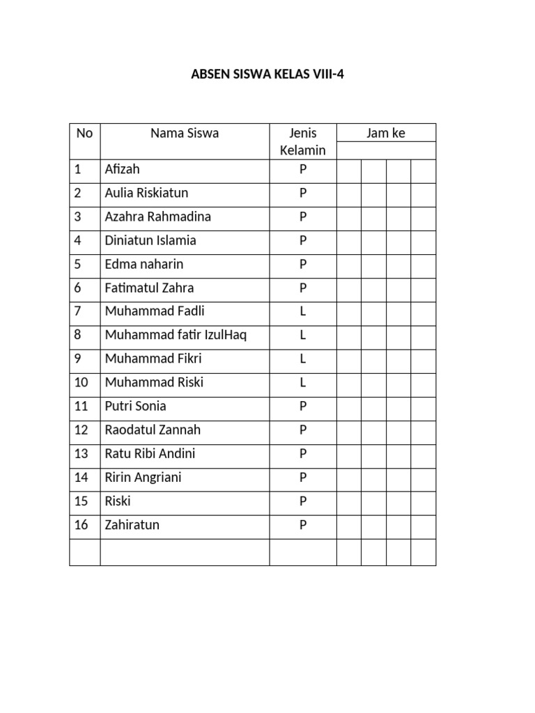 Absen Siswa Kelas VIII-4 2023 | PDF