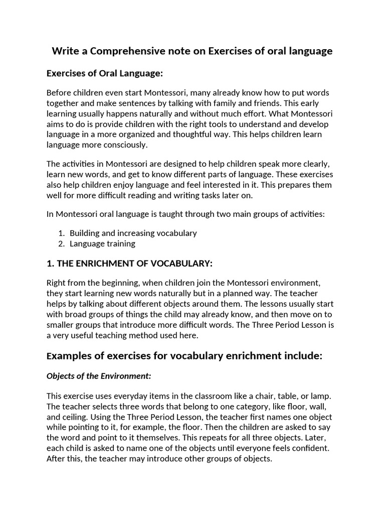 Comprehensive Note on Oral Language Exercises | PDF | Montessori ...