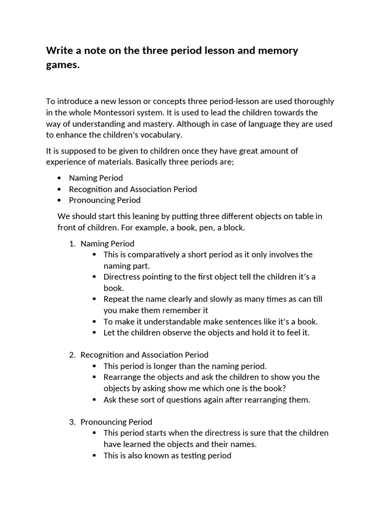 Write A Note On The Three Period Lesson and Memory Games | PDF ...