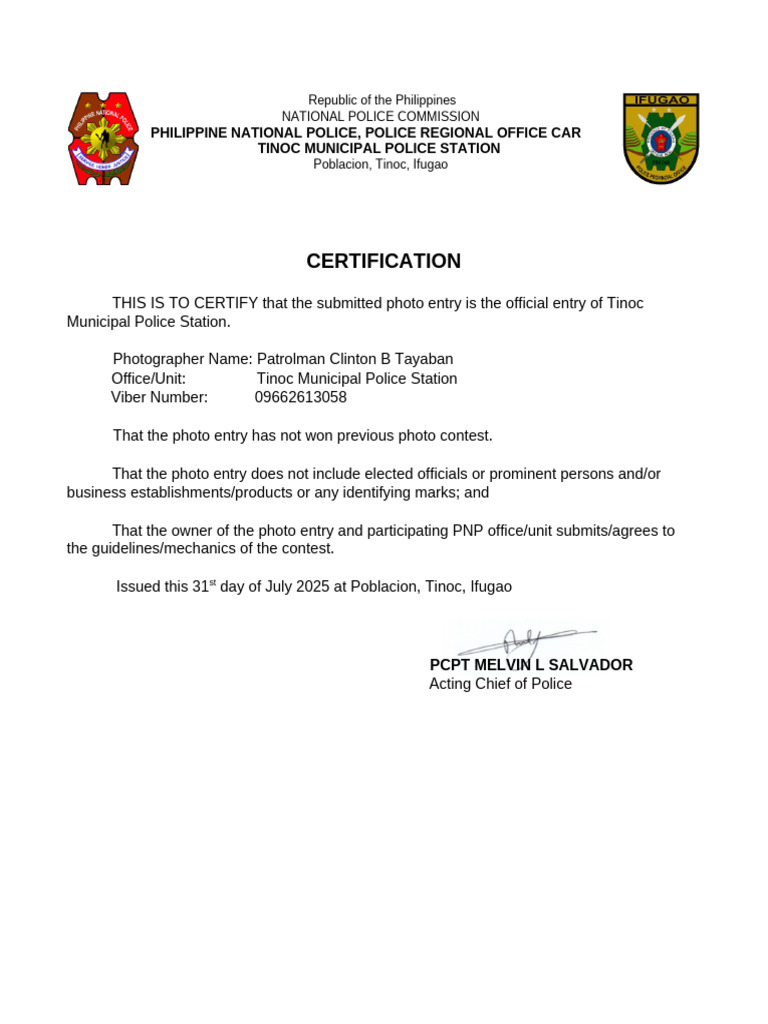 Tinoc Police Station Photo Entry Certification | PDF