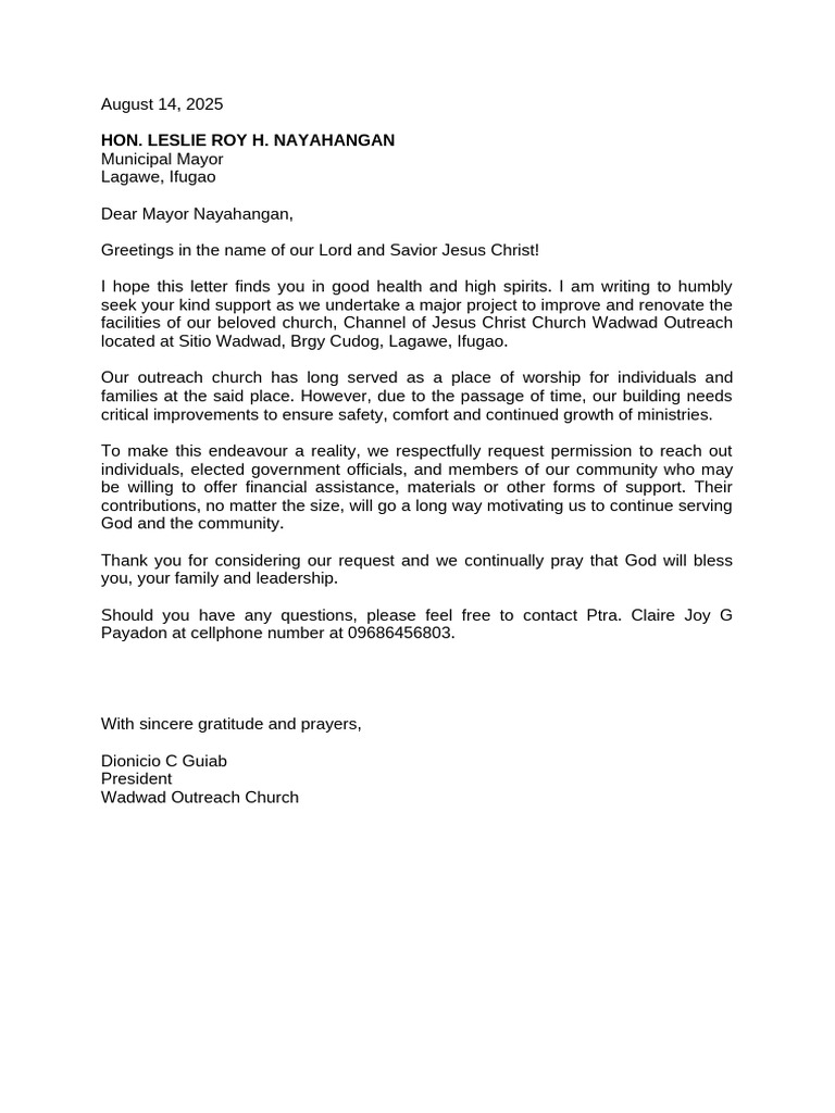 Church Renovation Support Request Letter | PDF