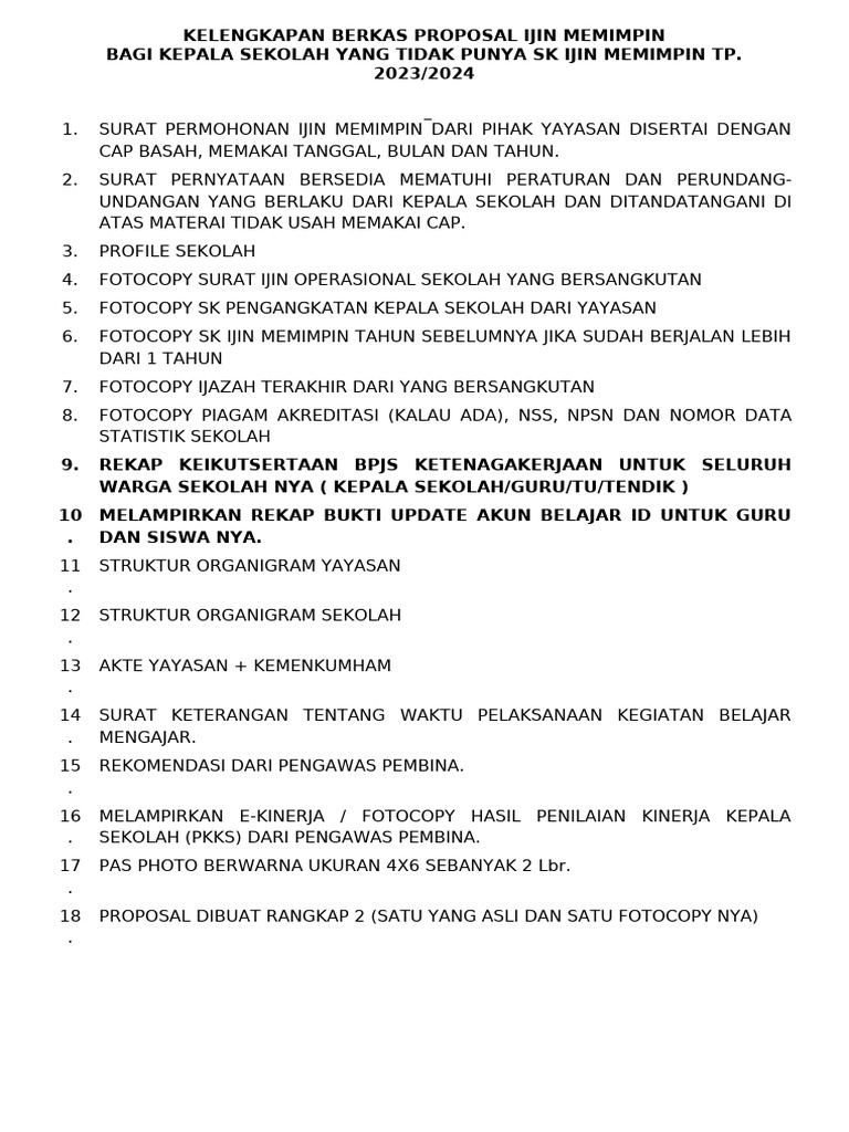 Persyaratan Berkas Proposal Ijin Memimpin 1-1 | PDF