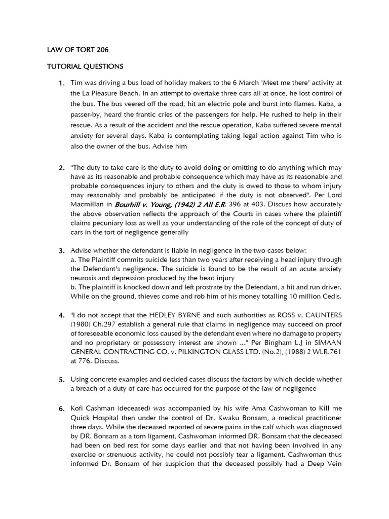 Law of Tort 206 Tutorial Questions | PDF | Negligence | Private Law