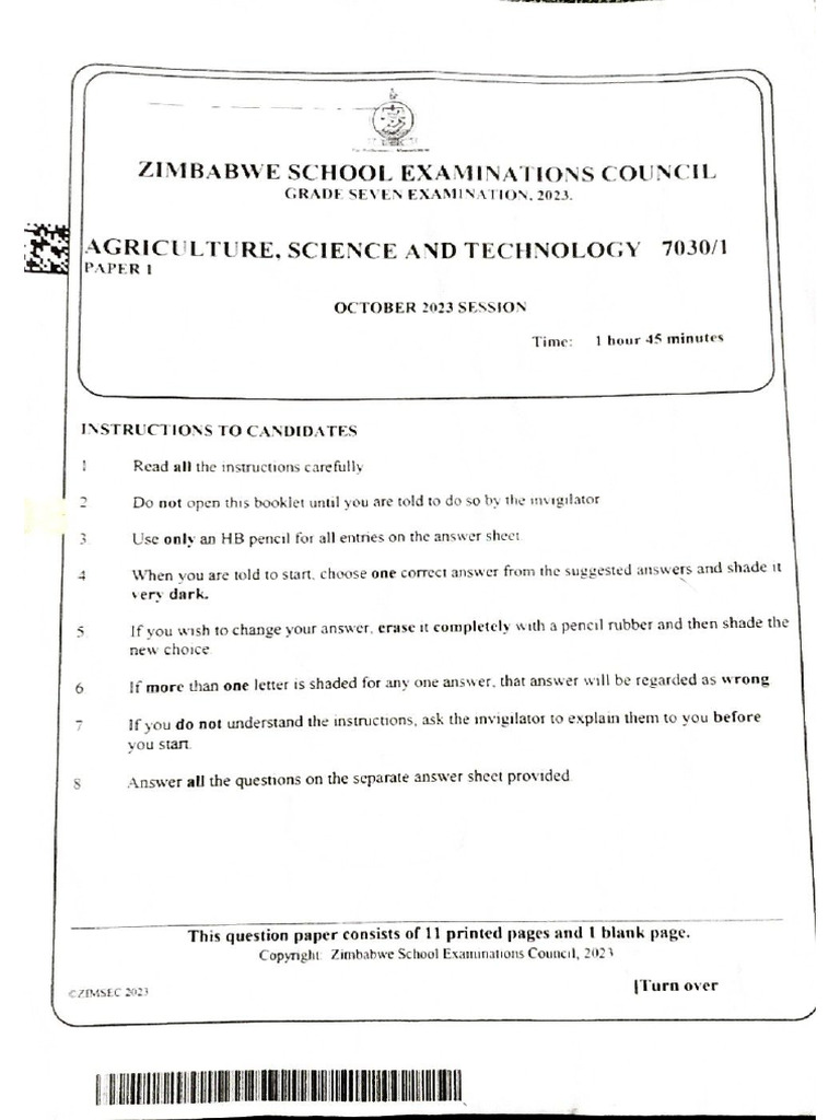 Asat Paper 1 - October 2023 Session - Zimsec Grade Seven Examination | PDF