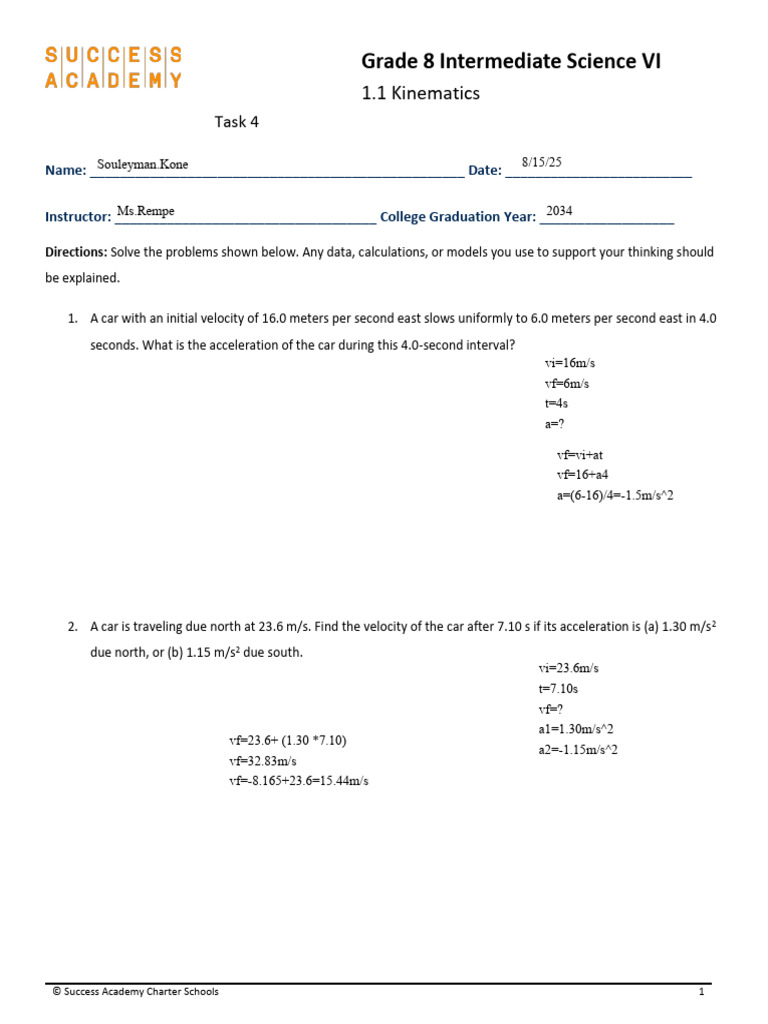 Souleyman Kone - Sci8 - 1.1 - Task4 | PDF | Acceleration | Physics