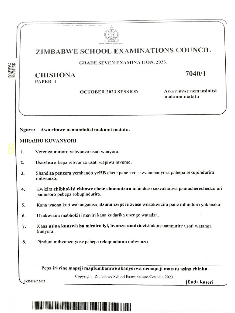 Chishona Paper 1 - Zimsec October 2023 Session | PDF