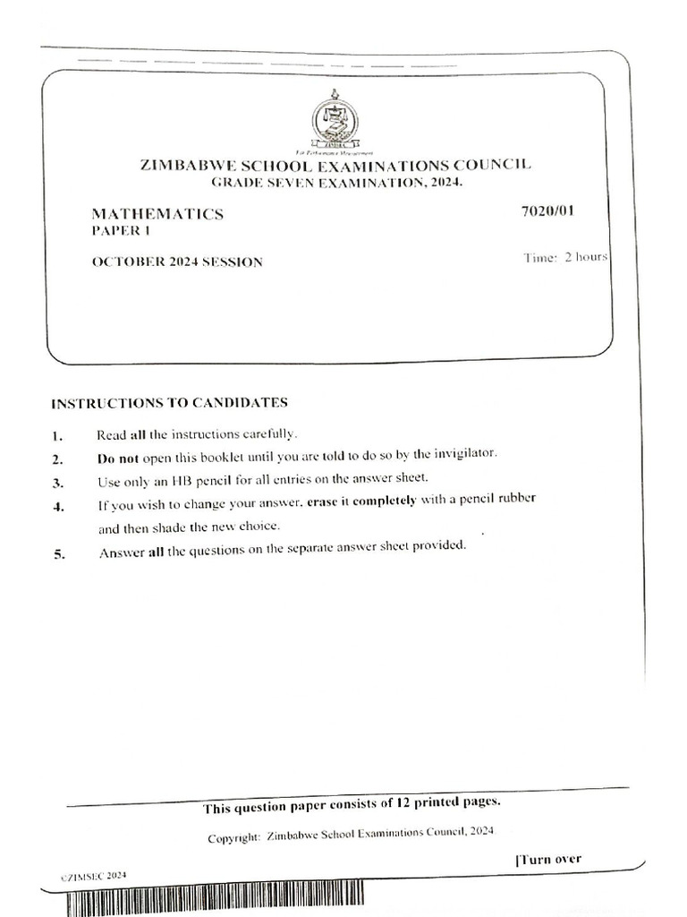 Mathematics Paper 1 - Zimsec October 2024 Session | PDF