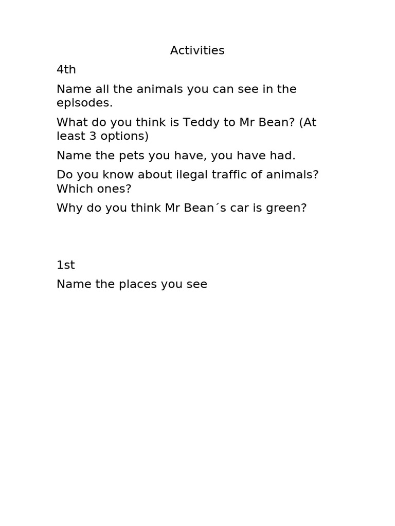 Mr. Bean Animal and Pet Activities | PDF