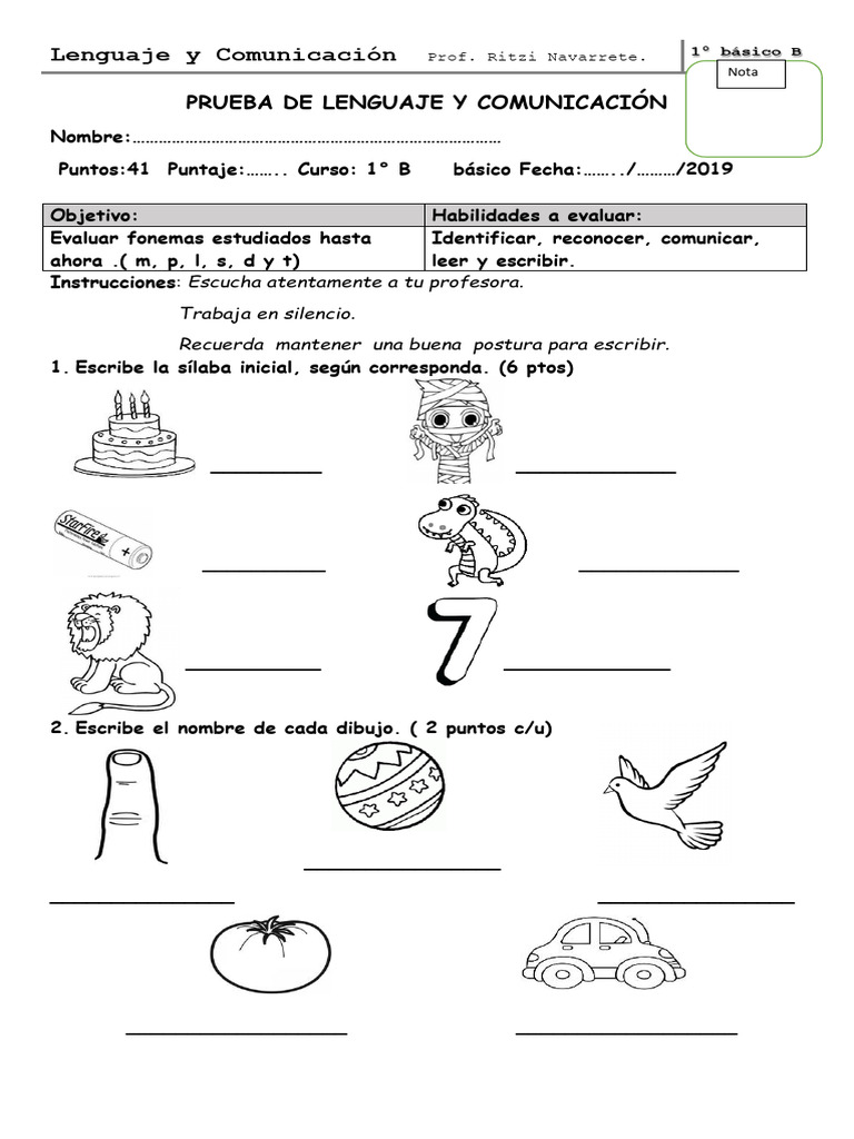 Prueba de Lenguaje M L P S D T Primero Basico | PDF