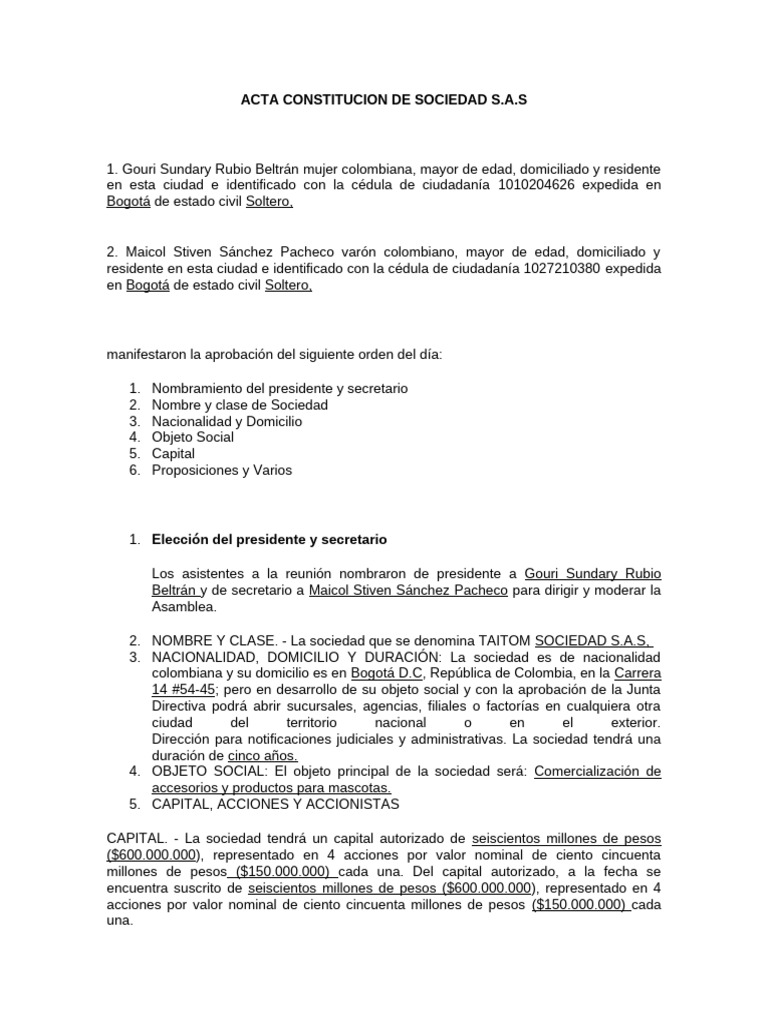 Acta de Sociedad Sas | PDF | Gobierno