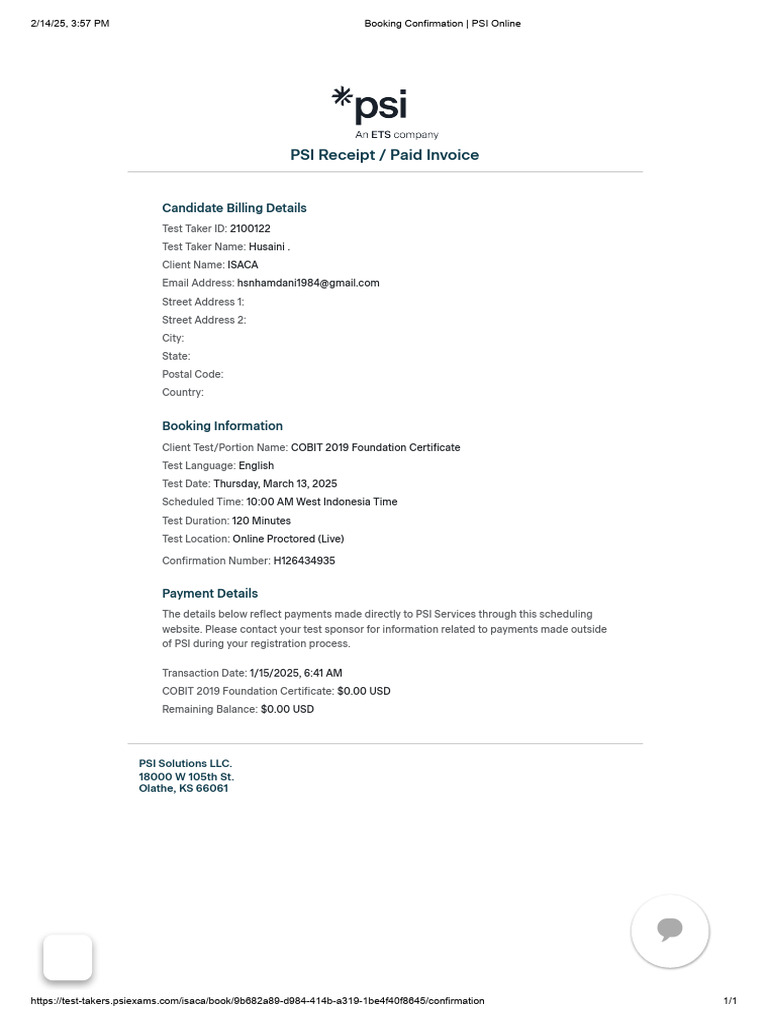 PSI Invoice for COBIT 2019 Exam | PDF