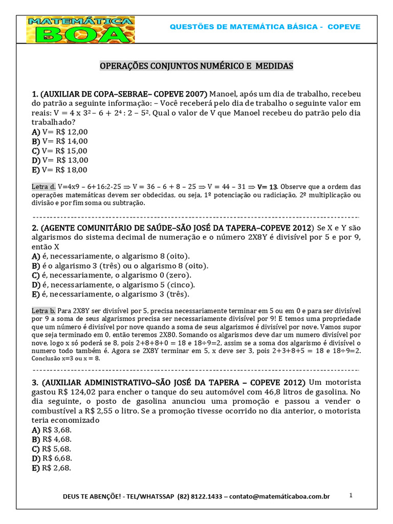 Questões de Matemática Básica COPEVE | PDF | Aritmética | Matemática ...