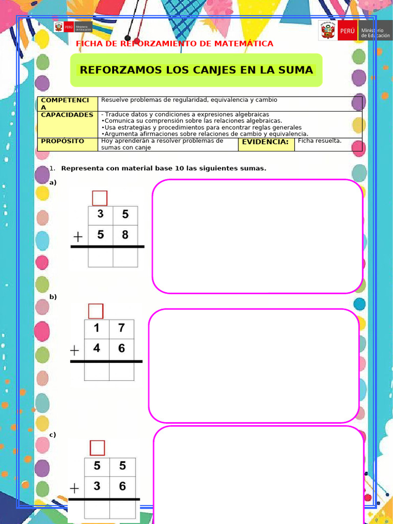 Reforzamiento en Sumas con Canje | PDF