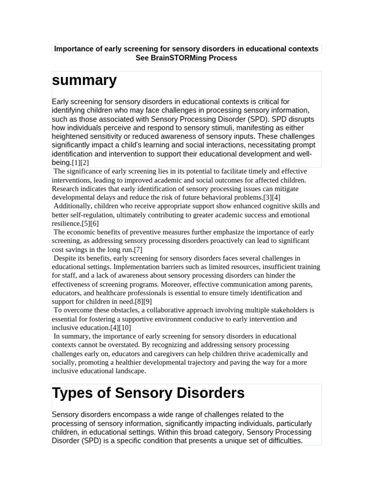 Early Screening for Sensory Disorders | PDF | Sensory Processing ...
