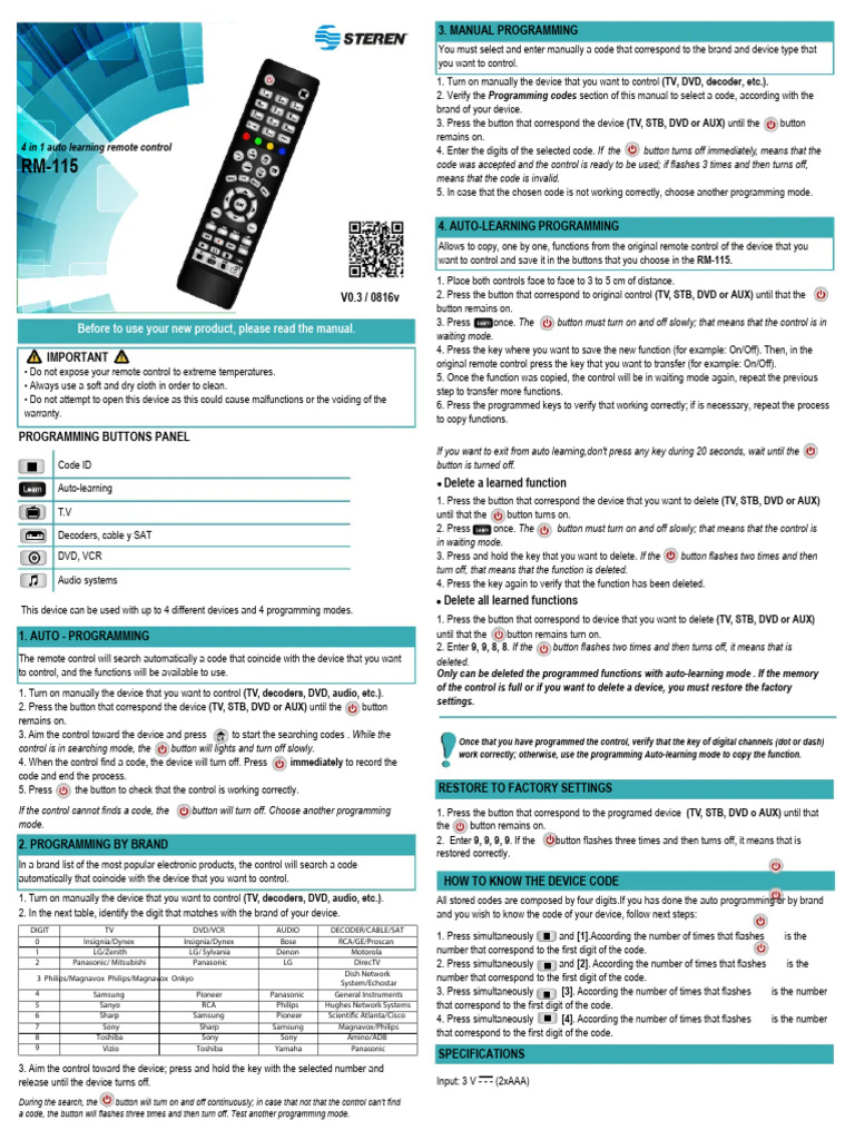 Manual de Usuario Steren RM-115 (Español - 4 Páginas) | PDF | Set Top ...