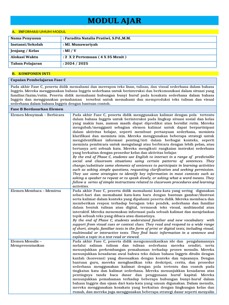Modul Ajar Bahasa Inggris Kelas 5 Chapter 4 T.P 2024-2025 | PDF