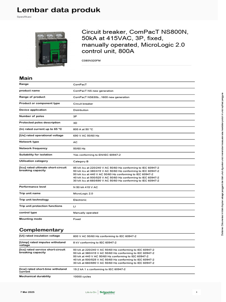 Schneider Electric - ComPacT-NS-new-generation - C080N320FM | PDF | Alternating Current | Voltage