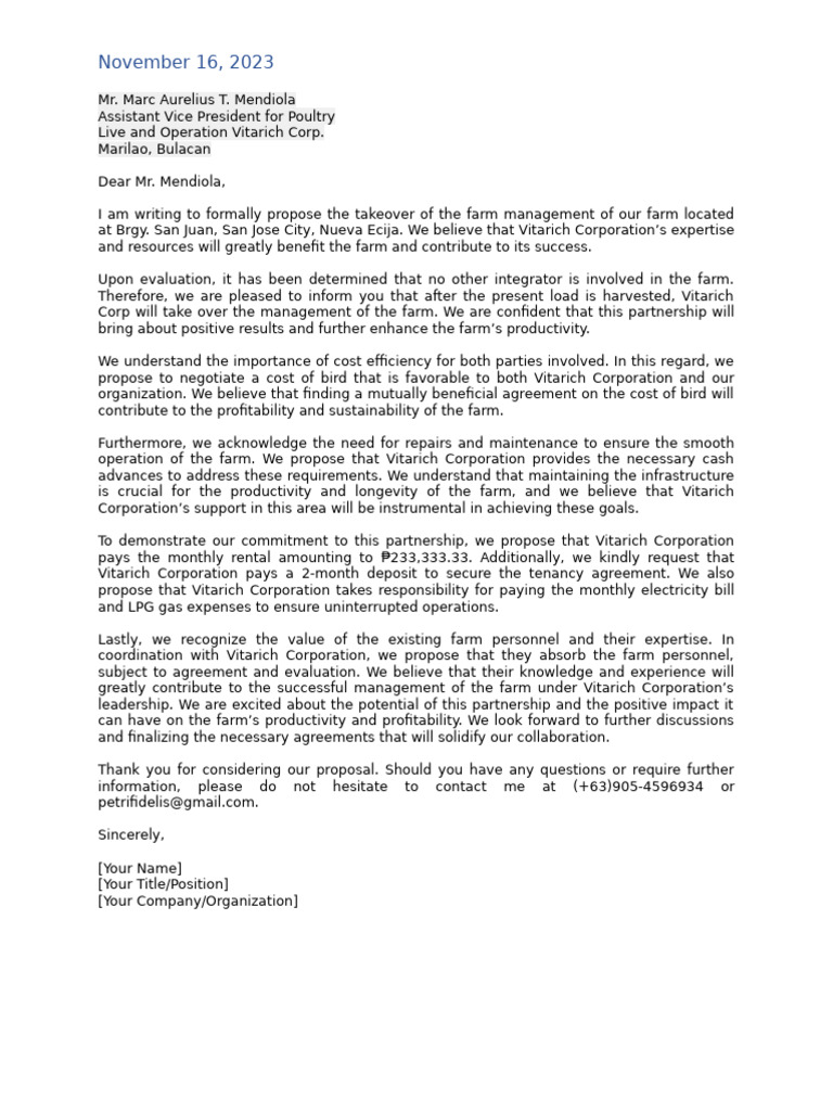 Proposal Letter To Vita-To Take Over The Farm (11152023) | PDF | Lease ...