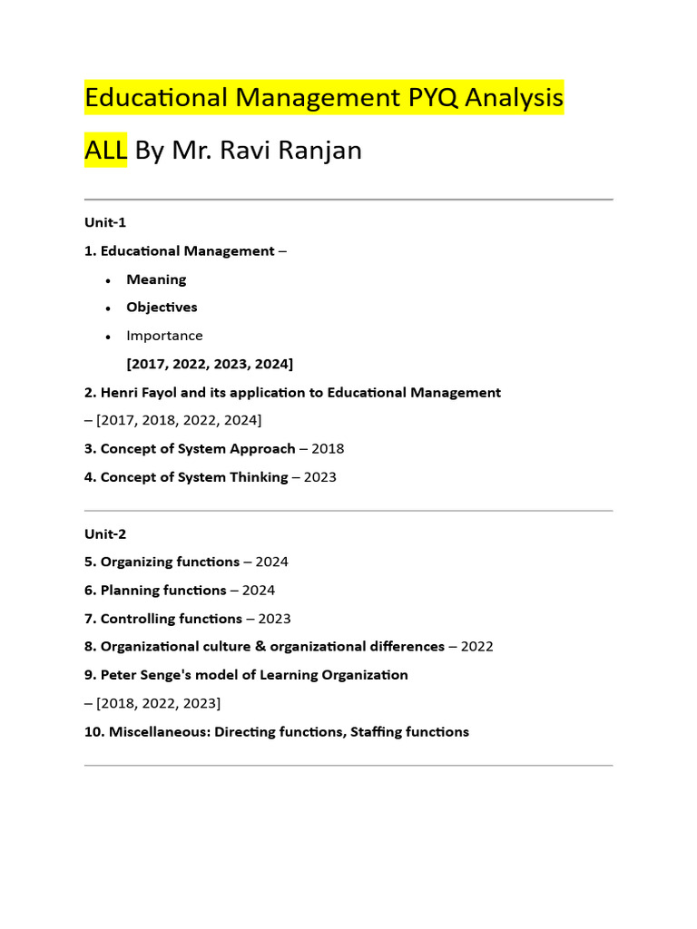 Education Management PYQ Analysis ALL | PDF