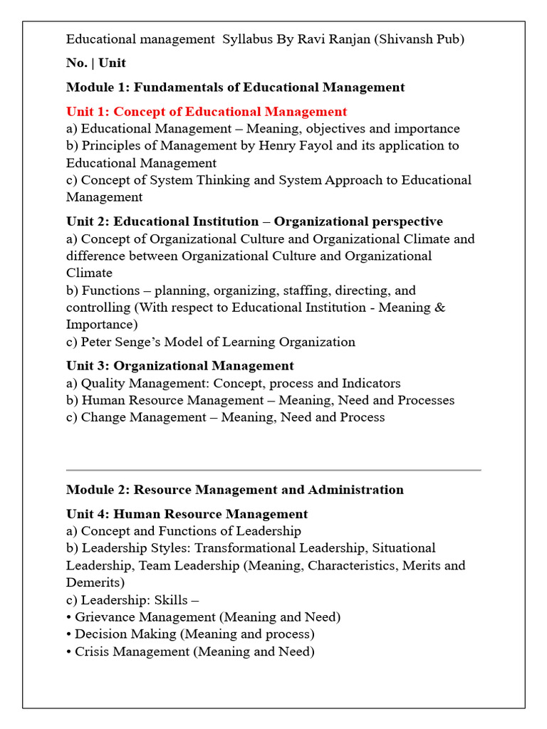 Educational Management Course Syllabus | PDF | Leadership | Control ...