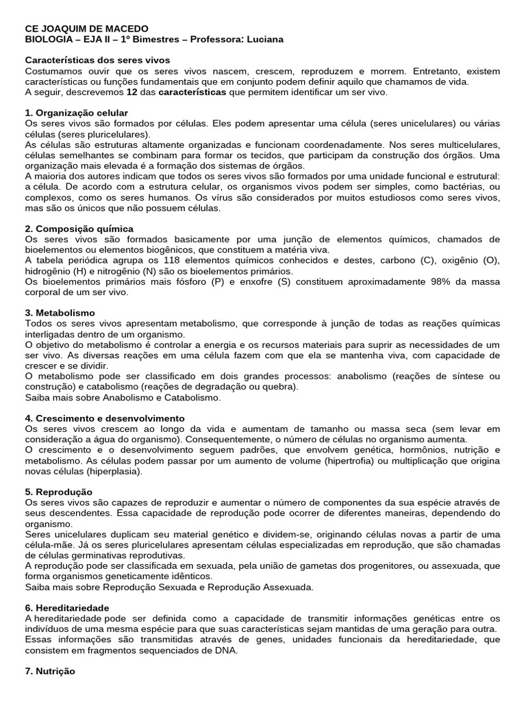 Características dos Seres Vivos em Biologia | PDF | Organismos | Reprodução