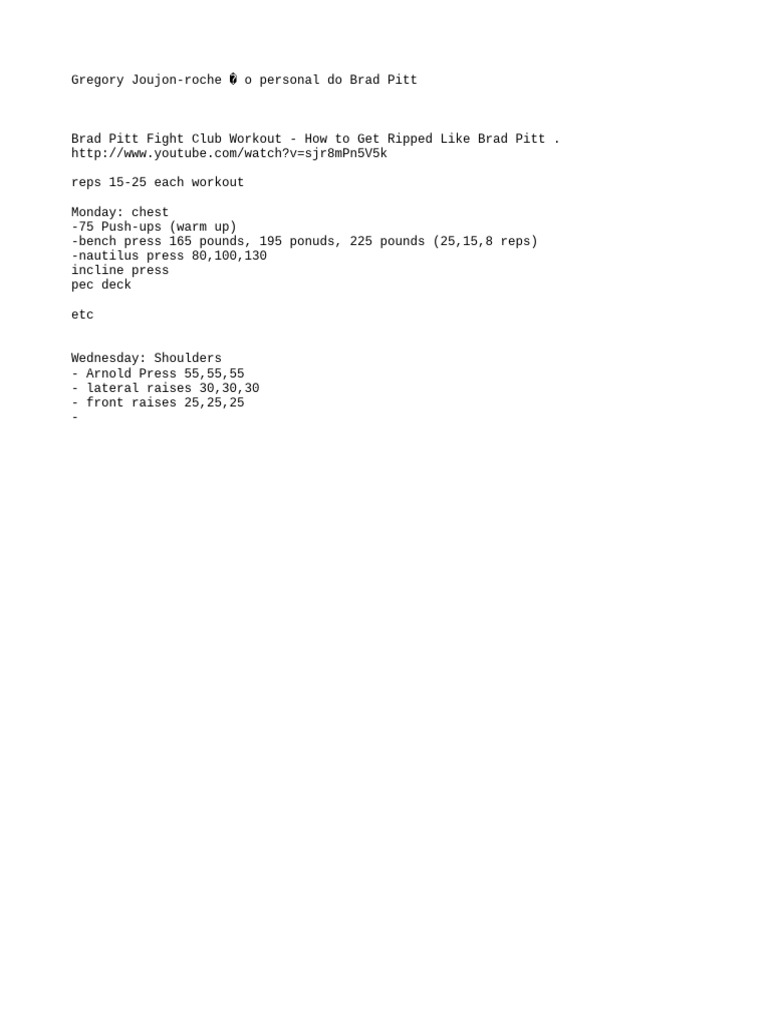 Brad Pitt Fight Club Workout - How To Get Ripped Like Brad Pitt . | PDF