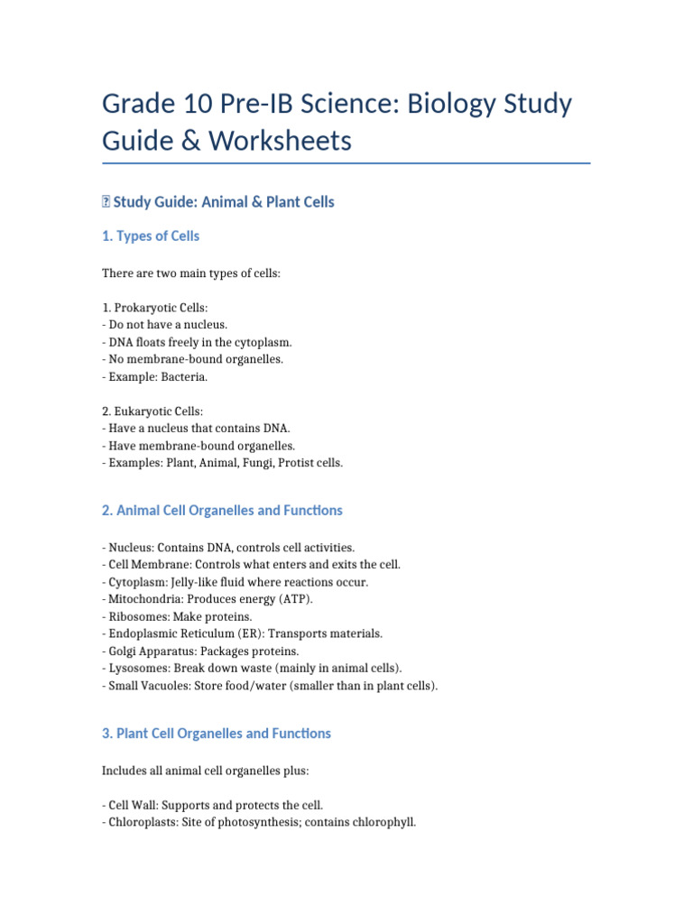 Grade10 PreIB Biology StudyGuide Worksheet | PDF