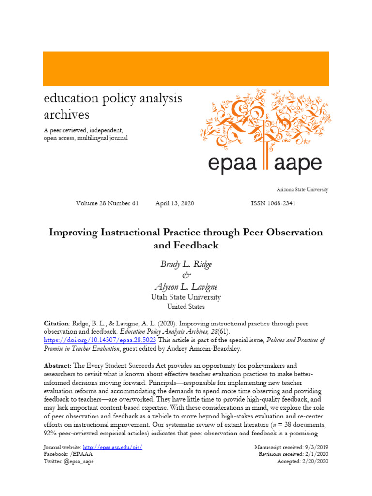 Improving Instructional Practice Through Peer Observation and Feedback ...