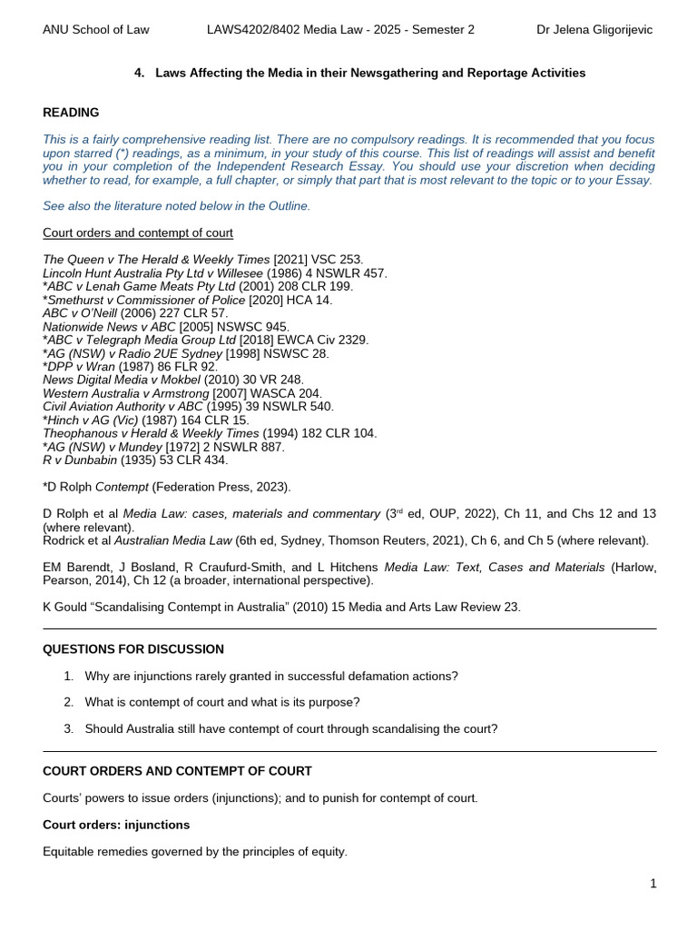 4 (B) - Laws Affecting The Media - Court Orders and Contempt of Court - Outline | PDF | Legal ...