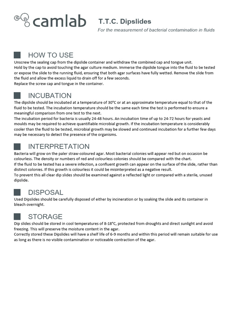 Camlab TTC Dipslides Pack of 10 Instruction Booklet | PDF | Microbiology