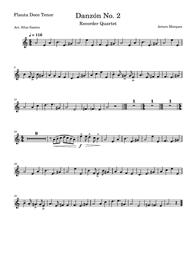 Danzón No. 2-Flauta Doce Tenor | PDF