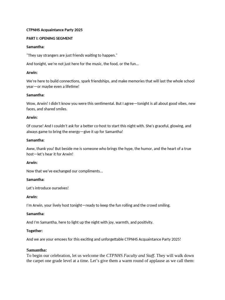 CTPNHS Acquaintance Party 2025 Script | PDF