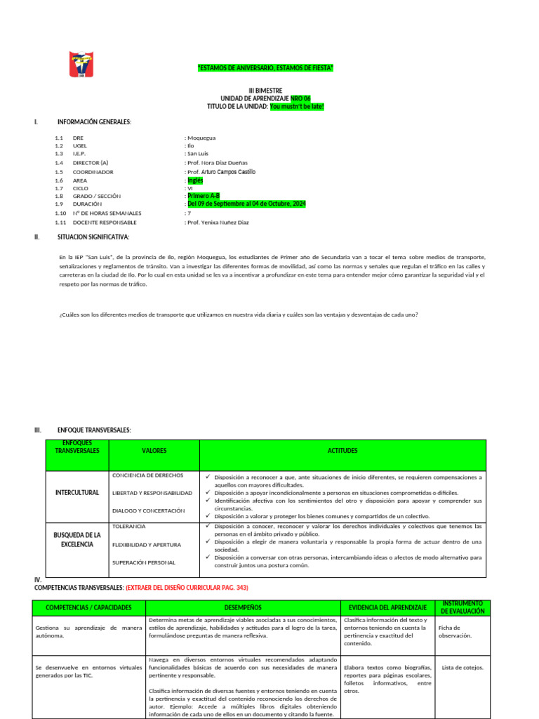Unidad 6 - Inglés 1ro Sec 2024 | PDF | Aprendizaje | Experiencia
