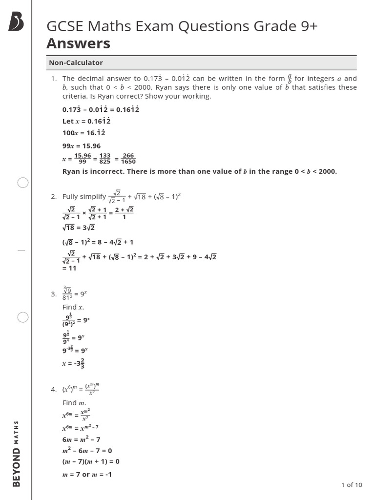 Grade 9 GCSE Maths Questions & Answers | PDF | Area | Elementary ...