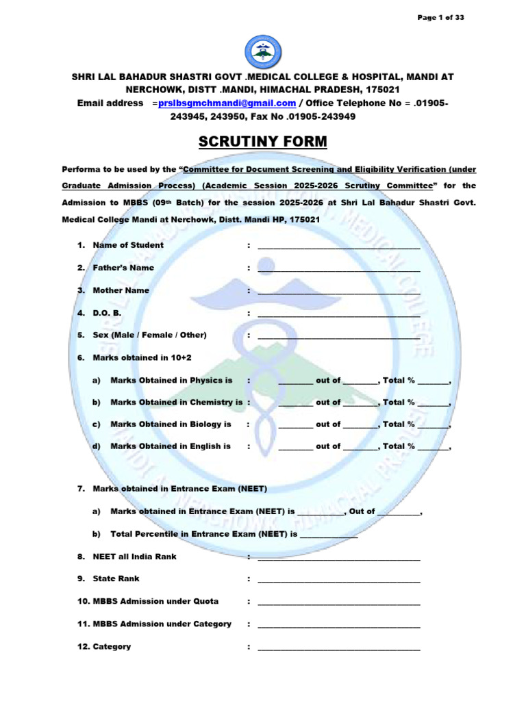 Admission Ug Form 25-26 | PDF | Medical School