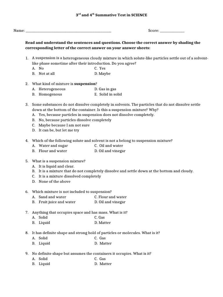 3rd and 4th Summative Test in SCIENCE | PDF | Mixture | Filtration
