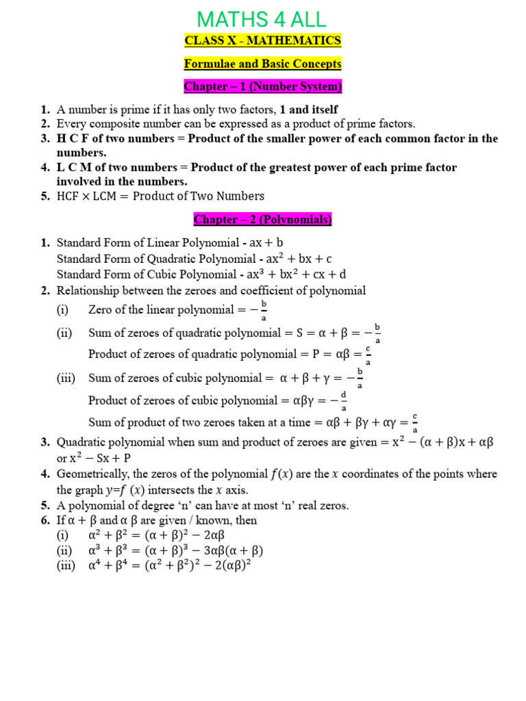 10th Maths Basic Concepts and Formulae (MATHS 4 ALL) | PDF | Quadratic ...