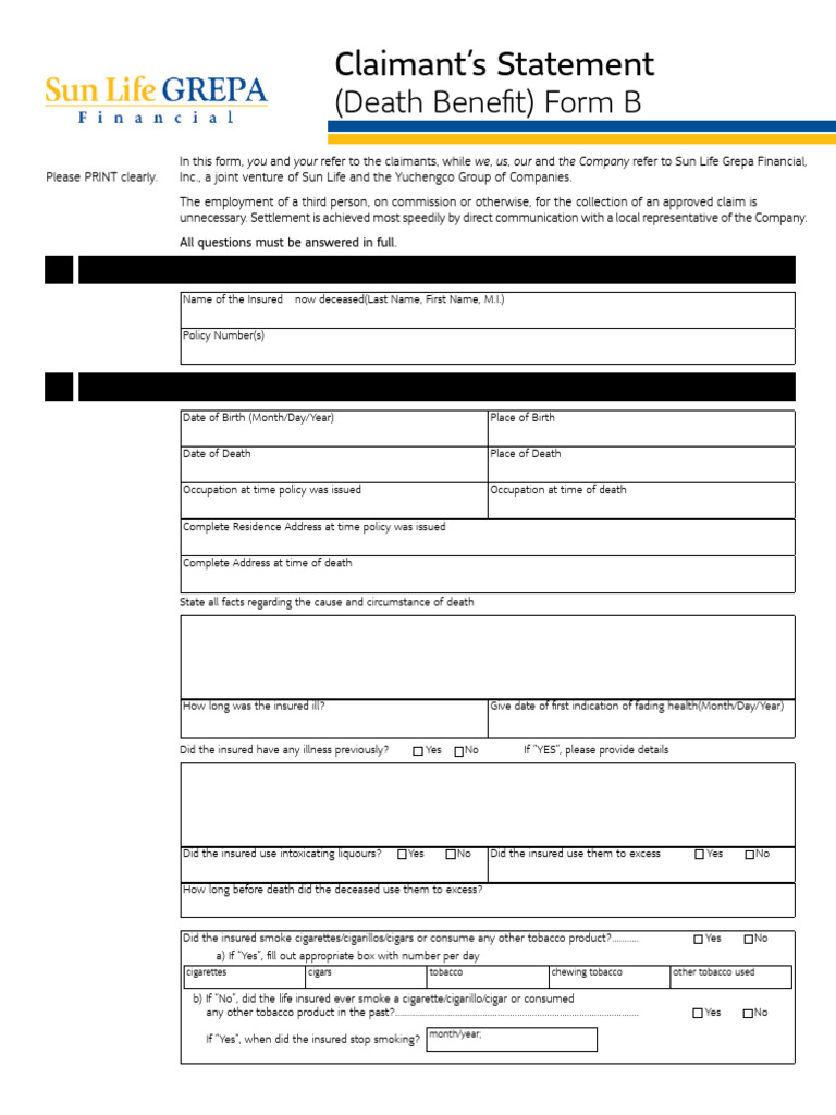 Claimant's Statement (Death Benefit) 12 1 | PDF | Insurance | Justice
