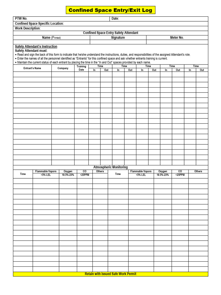 Confined Space Entry Log Template | PDF | Occupational Safety And ...