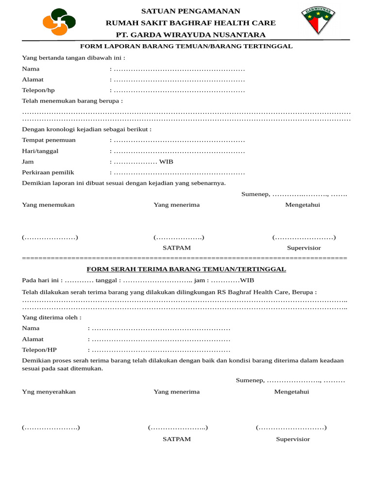 Form Laporan Barang Temuan RS Baghraf | PDF