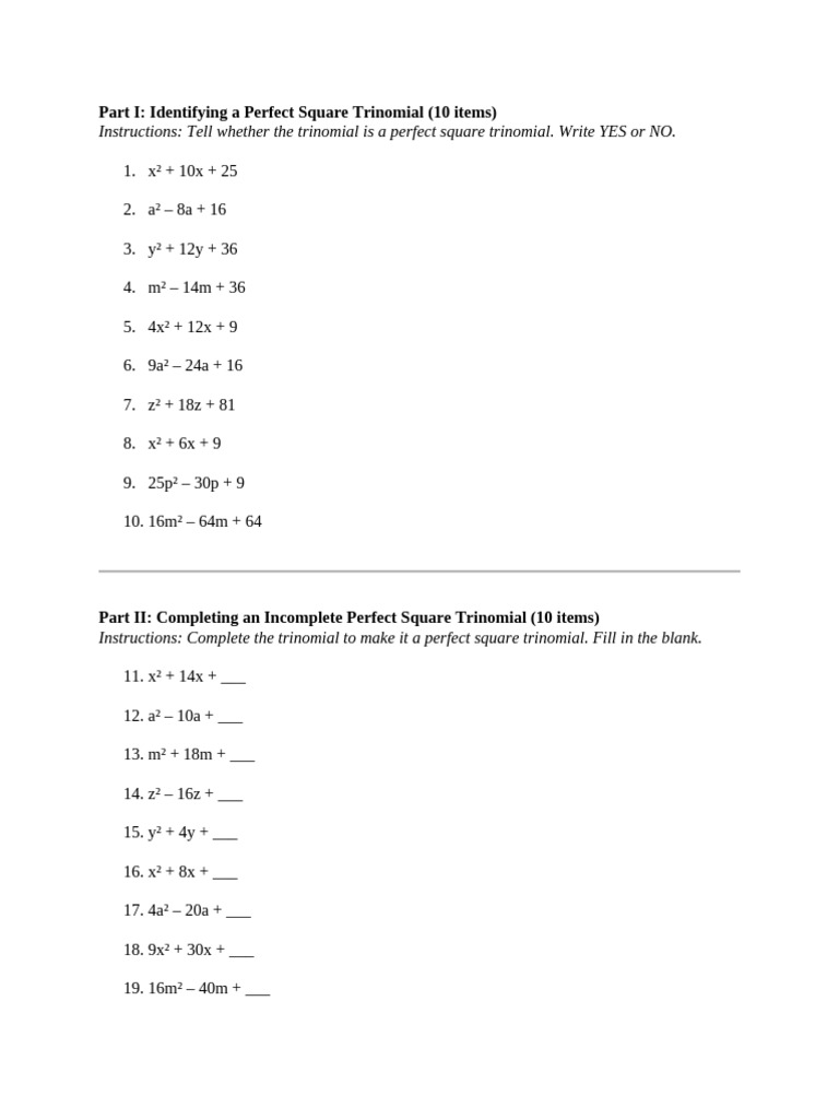 Perfect Square Trinomial Exercises | PDF