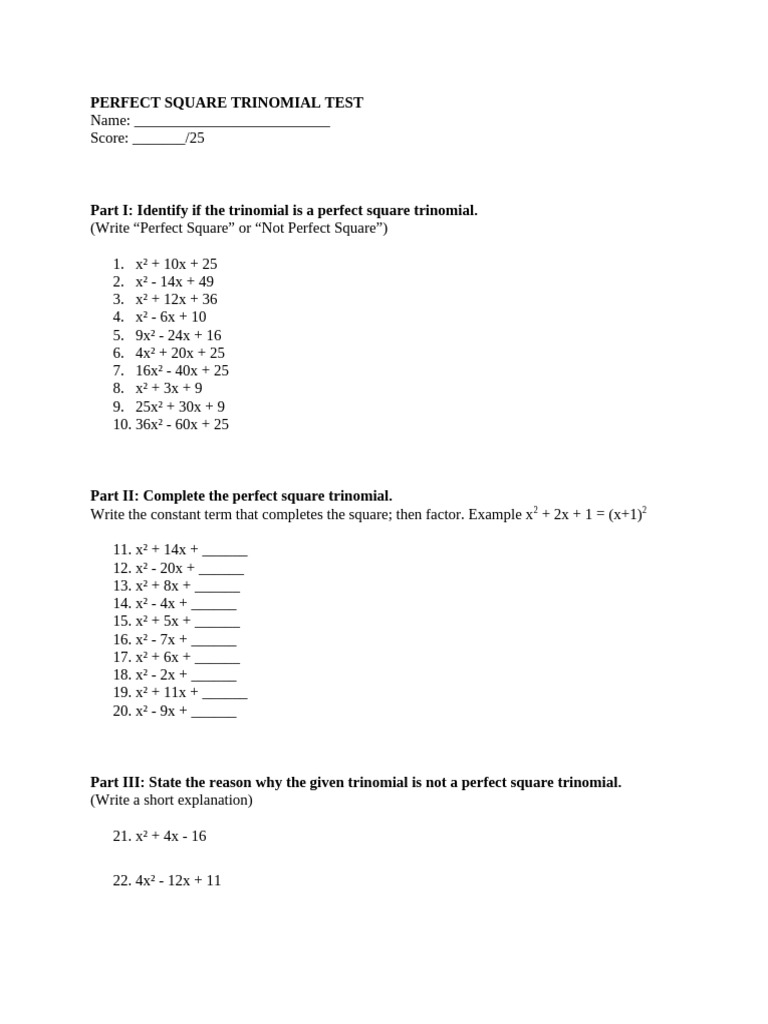 Perfect Square Trinomial Test | PDF