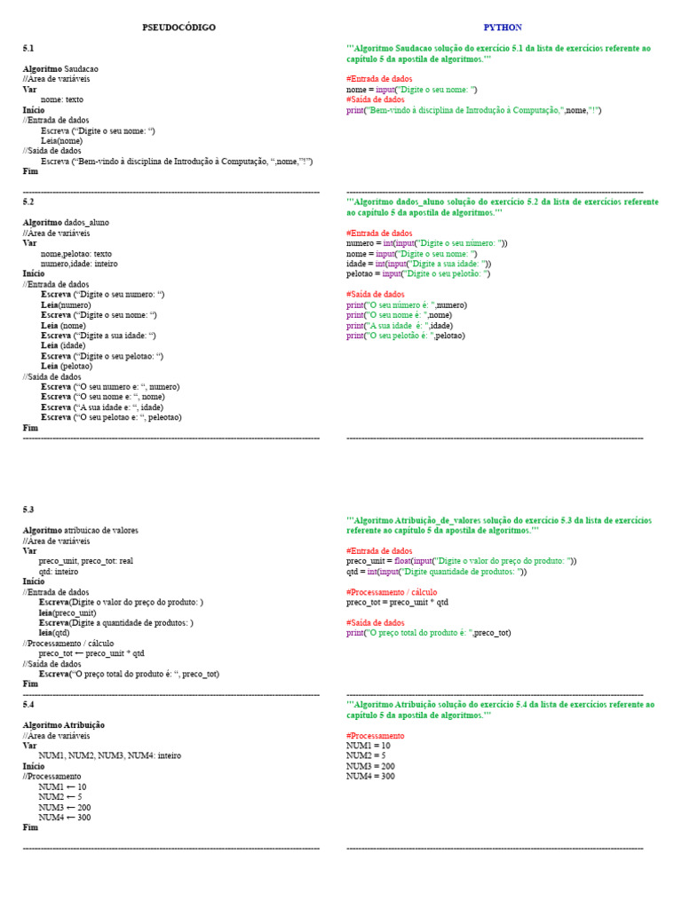 Solucao Lista Exercicios Cap5-Pseudocodigo-Python | PDF | Algoritmos ...